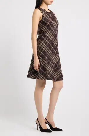 Anne Klein Plaid Tweed Sleeveless Swing Dress
