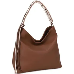 MALI + LILI Bree Large Faux Leather Hobo With Braided Handle And Tassels - Chocolate