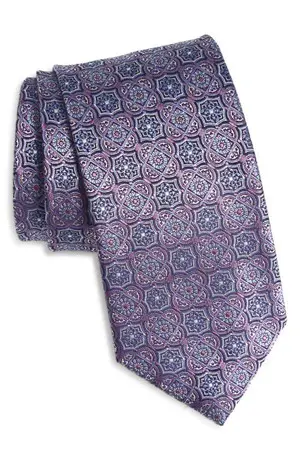 David Donahue Medallion Jacquard Silk Tie - Berry