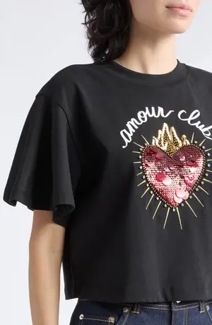 Cinq À Sept Orsa Flutter Sleeve Sequined Heart Graphic T-shirt