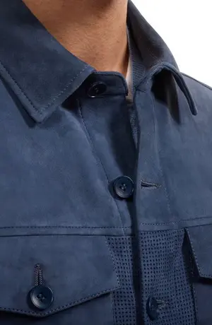 Bugatchi Perforated Suede Shirt Jacket - Indigo