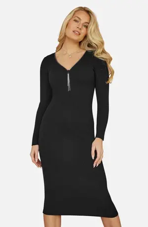 YUMI Ribbed Zip-neckline Fitted Midi Dress