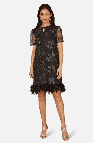 YUMI Sequin Embellished Floral Tunic Dress With Feather Trim - Black