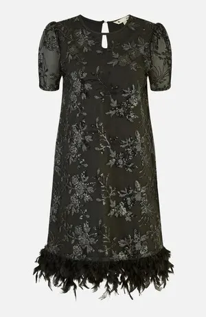 YUMI Sequin Embellished Floral Tunic Dress With Feather Trim