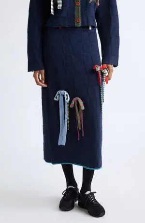 YANYAN Multicolored Bows Lambswool & Cotton Midi Skirt - Navy