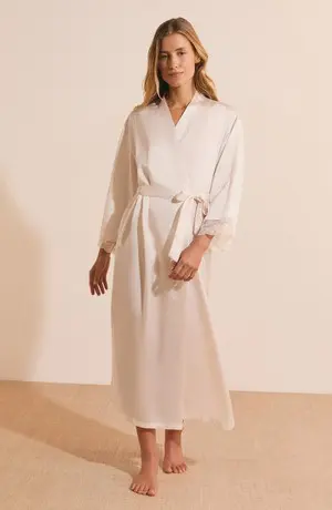 ETAM Desire Lace Trim Satin Robe - Ecru