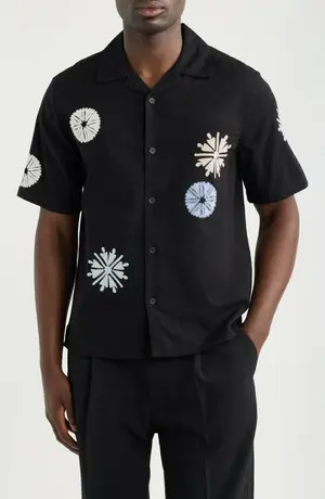WAX LONDON Didicot Medallion Appliqué Cotton & Linen Camp Shirt - Black/multi
