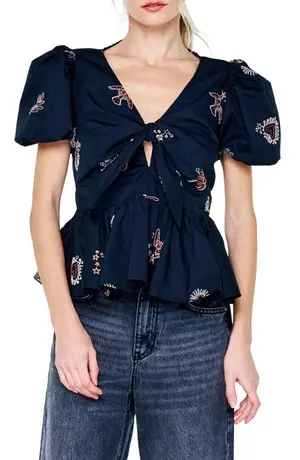 CIEBON Liyana Embroidered Tie Front Peplum Top