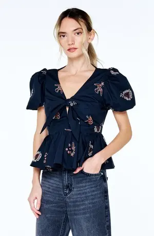CIEBON Liyana Embroidered Tie Front Peplum Top