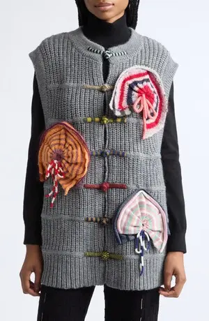 YANYAN Merino Wool & Alpaca Vest With Rosette Embellishments - Grey Multi