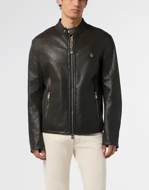 BILLIONAIRE Perforated Leather Moto Jacket - Black
