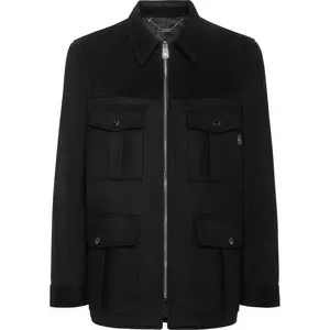 BILLIONAIRE Wool Cloth And Leather Field Jacket - Black