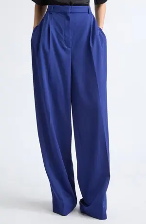 Stella McCartney High Waist Pleated Wide Leg Wool Trousers - Indigo
