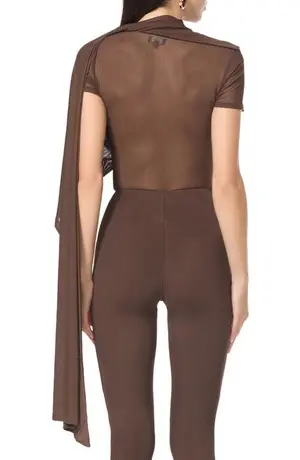 AFRM Fiona Asymmetrical Scarf Detail Mesh Top - Espresso
