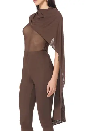 AFRM Fiona Asymmetrical Scarf Detail Mesh Top - Espresso