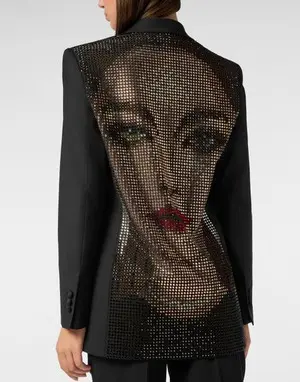Philipp Plein Wool Blazer Boyfriend Fit Face Strass