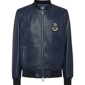 BILLIONAIRE Leather Bomber Jacket - Darkblue