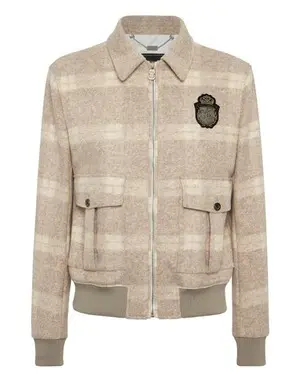 BILLIONAIRE Wool Check Jacket With Crest Detail - Beige