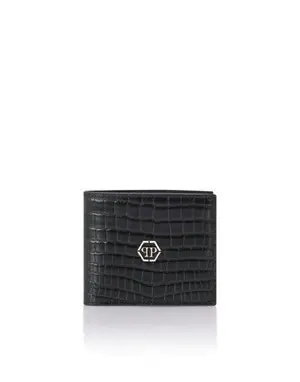 Philipp Plein Leather French Wallet Cocco - Black