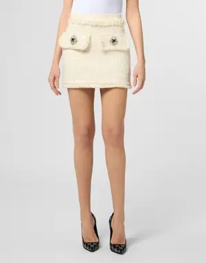 Philipp Plein Tweed Mini Skirt With Sequins And Jewel Embellishments - White