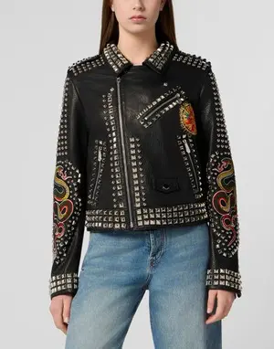 Philipp Plein Boxy Fit Biker Jacket Studs &amp; Patches