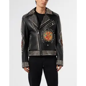 Philipp Plein Studded & Embroidered Leather Biker Jacket