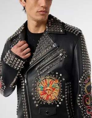 Philipp Plein Studded & Embroidered Leather Biker Jacket