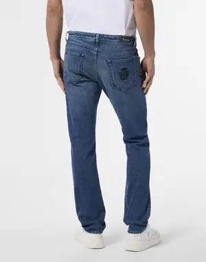 BILLIONAIRE Super Straight Cut Jeans Leather Details - Middleblue