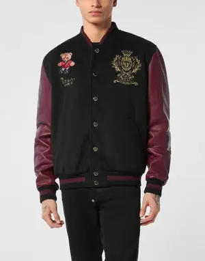Philipp Plein Leather And Wool Varsity Bomber Jacket Teddy Bear