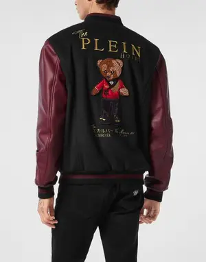 Philipp Plein Leather And Wool Varsity Bomber Jacket Teddy Bear