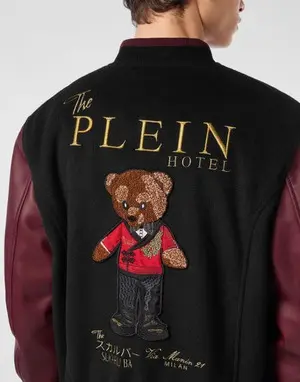 Philipp Plein Leather And Wool Varsity Bomber Jacket Teddy Bear