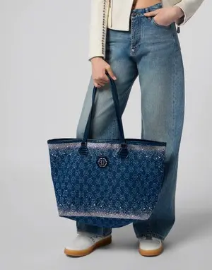 Philipp Plein Denim Shopper Bag Monogram Strass - Lightblue