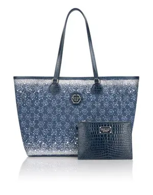 Philipp Plein Denim Shopper Bag Monogram Strass