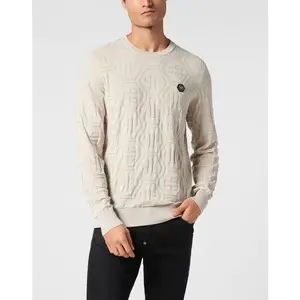 Philipp Plein Jacquard Silk Wool Pullover Round Neck Ls Monogram - Beige