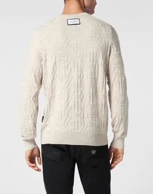 Philipp Plein Jacquard Silk Wool Pullover Round Neck Ls Monogram - Beige