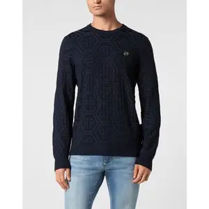 Philipp Plein Jacquard Silk Wool Pullover Round Neck Ls Monogram - Navy
