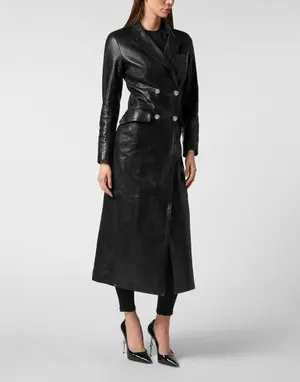 Philipp Plein Double-breasted Leather Long Coat Embossed Signature