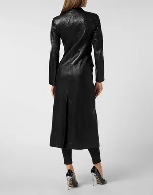 Philipp Plein Double-breasted Leather Long Coat Embossed Signature