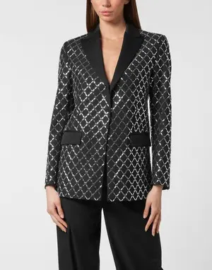 Philipp Plein Wool And Satin Boyfriend Fit Blazer Crystal Rhombus - Black