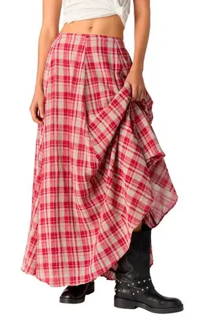 Free People Ives Plaid Maxi Skirt - Cherry Combo