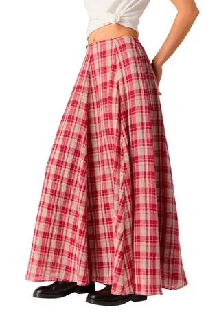 Free People Ives Plaid Maxi Skirt - Cherry Combo