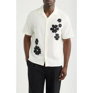 WAX LONDON Didicot Floral Appliqué Cotton & Linen Camp Shirt - Ecru/black