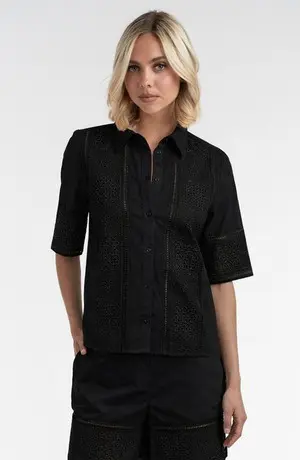 ELLE COLLECTION Embroidered Cotton Blouse - Black