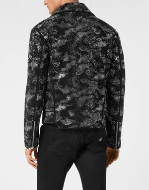 Philipp Plein Strass Leather Biker Jacket Camouflage