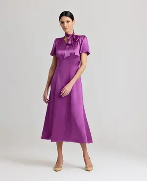REALLY WILD CLOTHING Silk Satin Tie Neck Dress - Amethyst