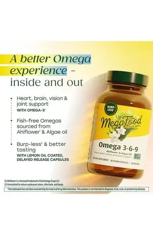 MEGAFOOD Vegan Omega 3 6 9, Burp-less Supplement, 600 Mg Plant-based Omega 3 & 150 Mg Dha Per Serving