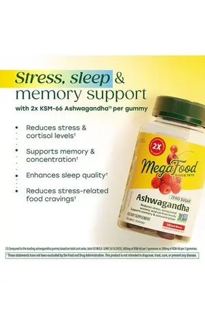 MEGAFOOD Ashwagandha Gummies, Zero Sugar, Clinically Studied Ashwagandha Ksm 66, Vegan