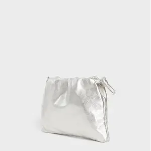 LEMIZ Monica Metallic Leather Drawstring Clutch - Silver
