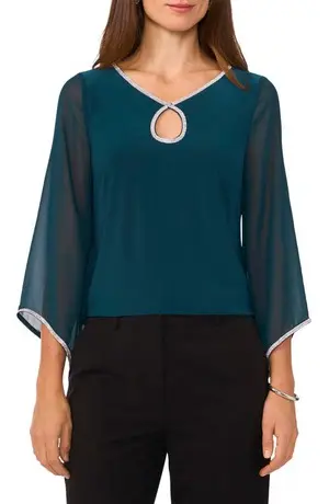 Chaus Rhinestoe Keyhole Chiffon Sleeve Top