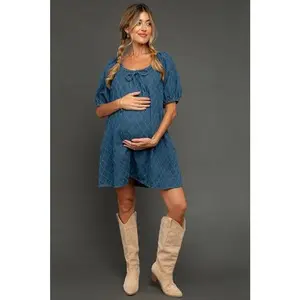 PINKBLUSH Chambray Jacquard Puff Sleeve Mini Dress - Navy Blue